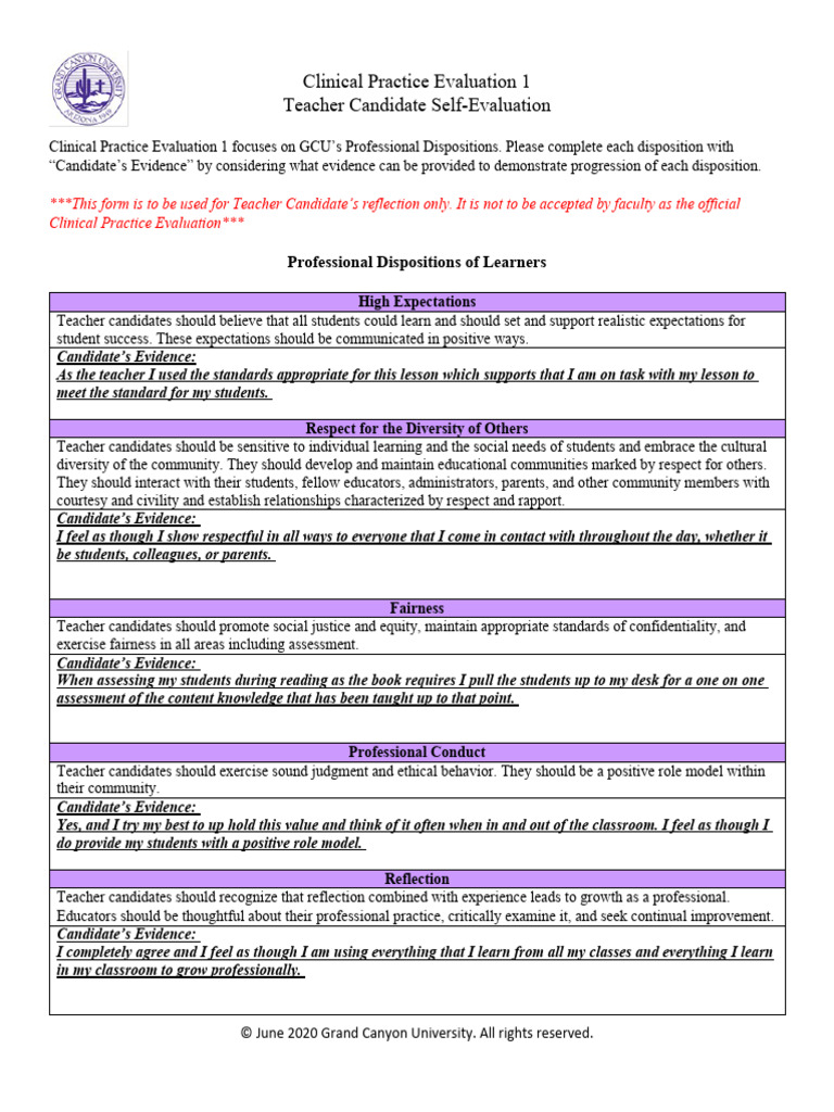 Self Reflection Clinical Practice Evaluation 1 Pdf Teachers Evaluation