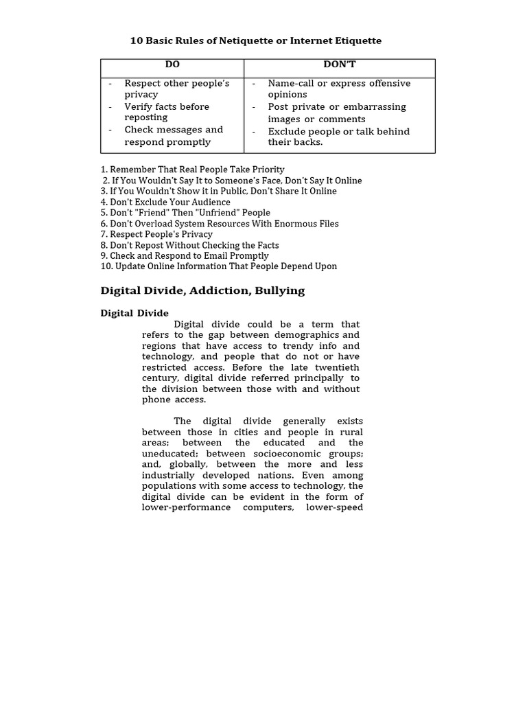 10 Basic Rules of Netiquette or Internet Etiquette | PDF | Bullying ...