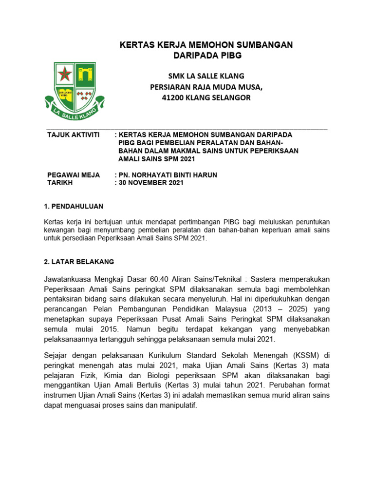Permohonan Sumbangan PIBG untuk Sains | PDF | Sains & Matematika ...
