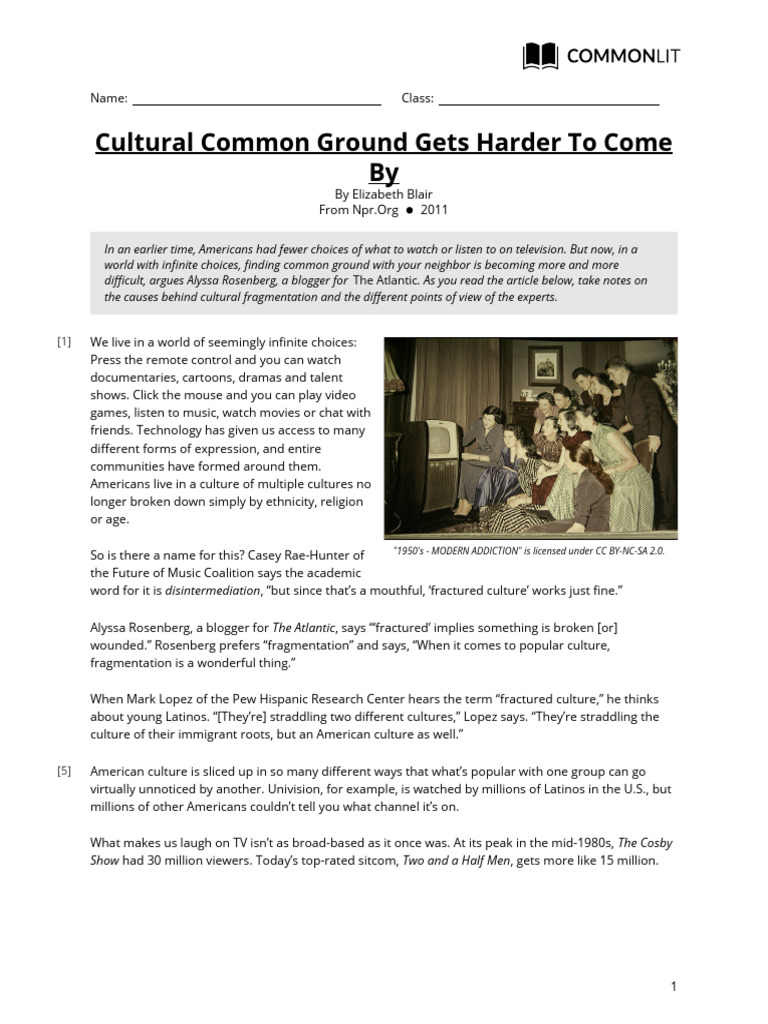 Commonlit Cultural Common Ground Gets Harder To Come by Student | PDF