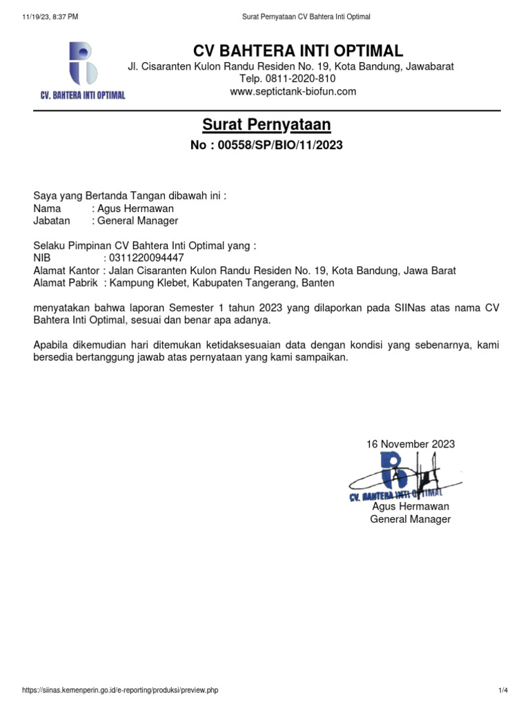 Surat Pernyataan CV Bahtera Inti Optimal | PDF