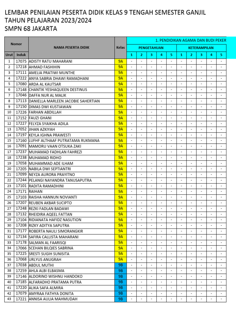 Format Nilai Pts 9 Ganjil 23 | PDF