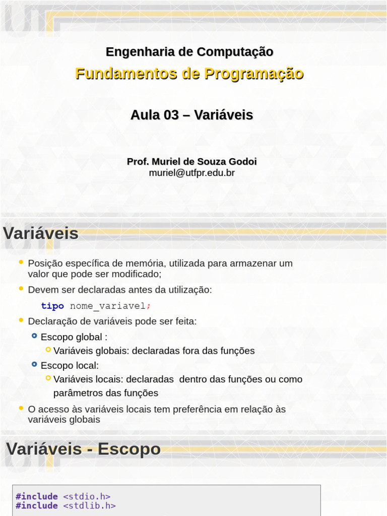 Aula 03 - Variáveis | PDF | C (linguagem de programação) | Escopo ...