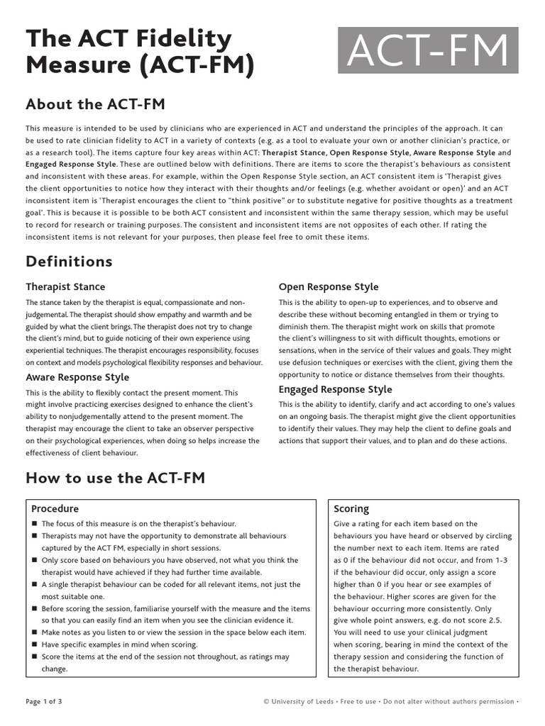 ACT Fidelity Measure | PDF | Psychotherapy | Thought