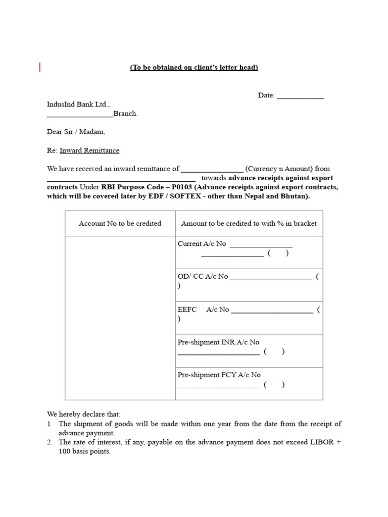 Inward Advance Format | PDF | Reserve Bank Of India | Receipt