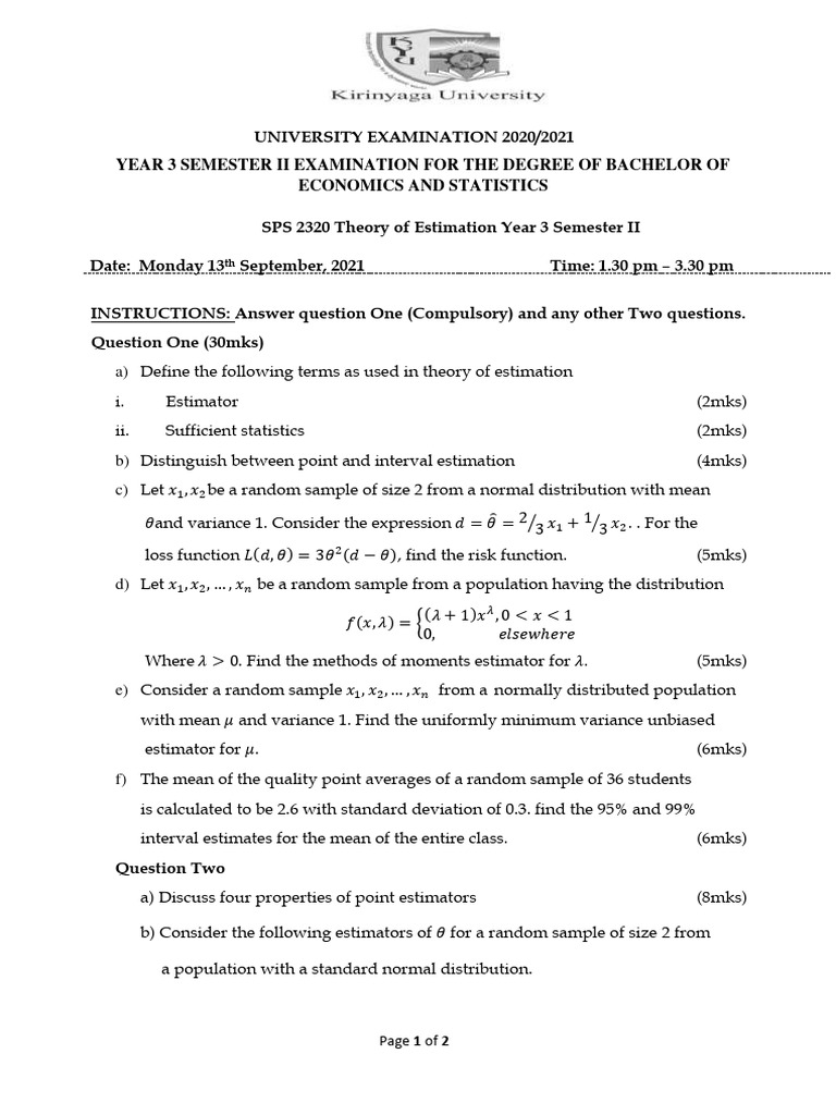 SPS 2320 Theory of Estimation Year 3 Semester II | PDF | Estimator | Variance