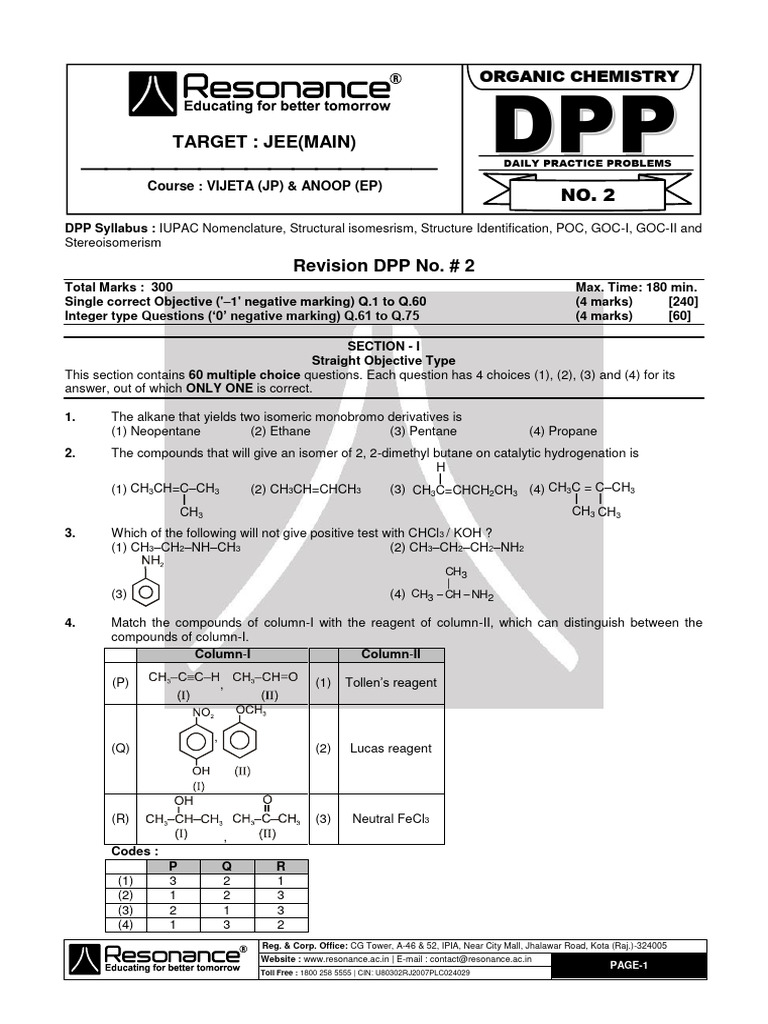 Chemistry Revision DPP 2 | PDF | Isomer | Methyl Group