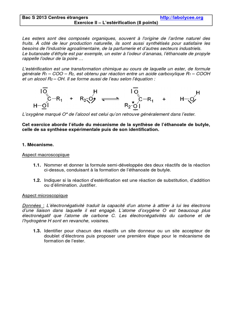 2013 CtresEtrangers Exo2 Sujet Esters 8pts | PDF | Ester | Titrage
