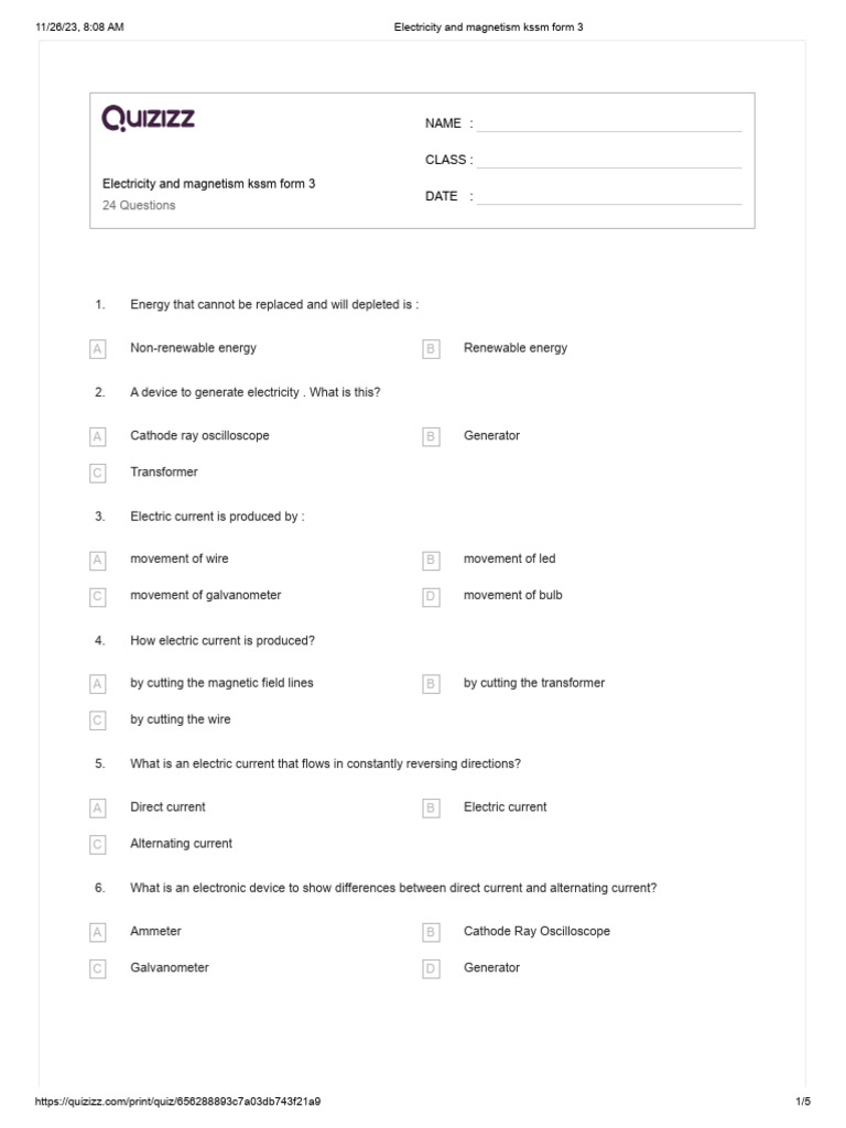 Quiz Electricity and Magnetism KSSM Form 3 | PDF | Transformer ...