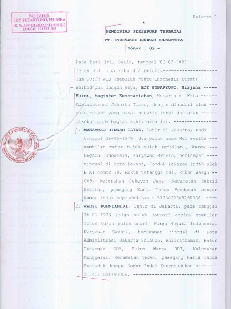 Akta Pendirian Perusahaan PT PBS | PDF