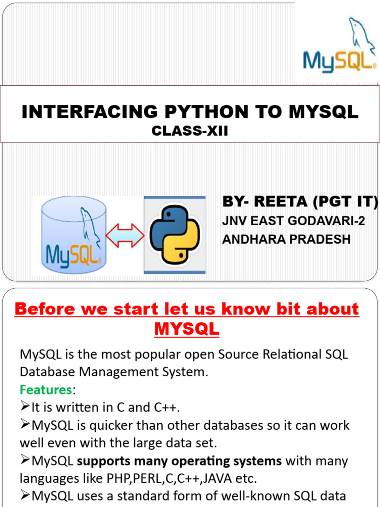 Interfacing Python To Mysql | PDF | My Sql | Databases Interfacing Python To Mysql | PDF | My Sql | Databases