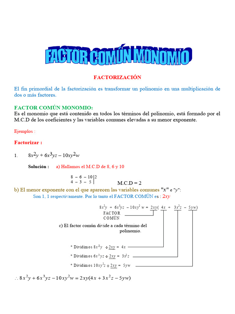 Factor Comun Monomio | PDF | Factorización | Análisis matemático Factor Comun Monomio | PDF | Factorización | Análisis matemático