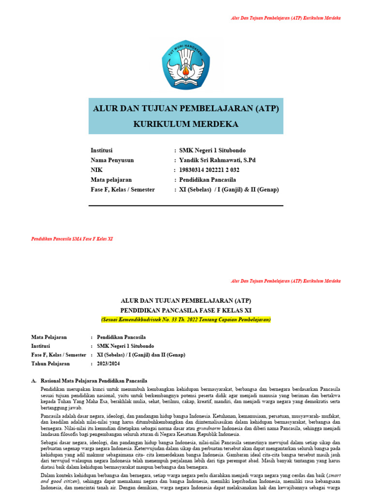 Alur Tujuan Pembelajaran Pancasila Fase F | PDF | Ilmu Sosial