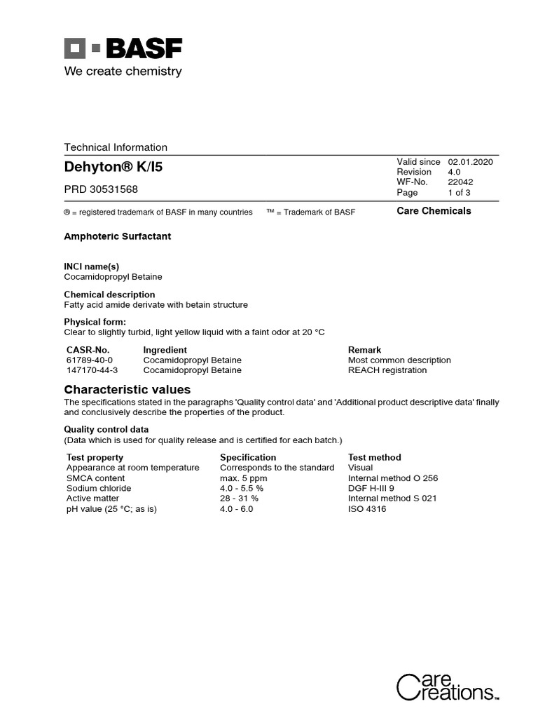 Dehyton K I5 - Technical Information - 2001 | PDF | Surfactant | Physical Sciences