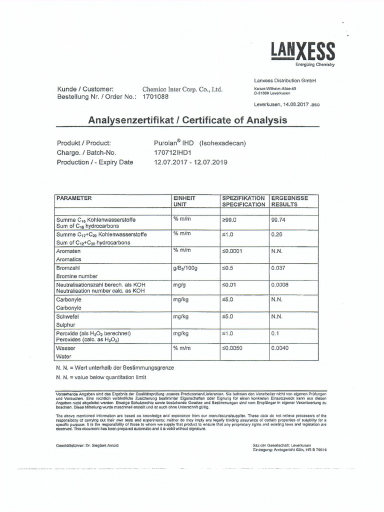 COA of Purolan IHD | PDF