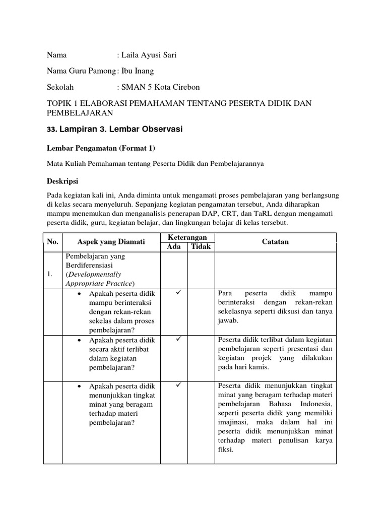 Topik 1 - Elaborasi - Lembar Observasi - Pemahaman Peserta Didik | PDF | Karier & Perkembangan