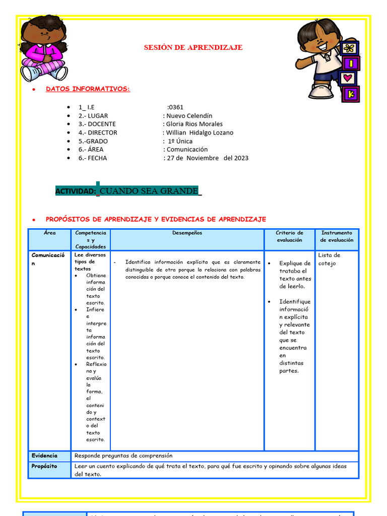 Iii E11 S2 Sesion D4 Plan Lector Cuando Sea Grande | PDF | Ciencia ...