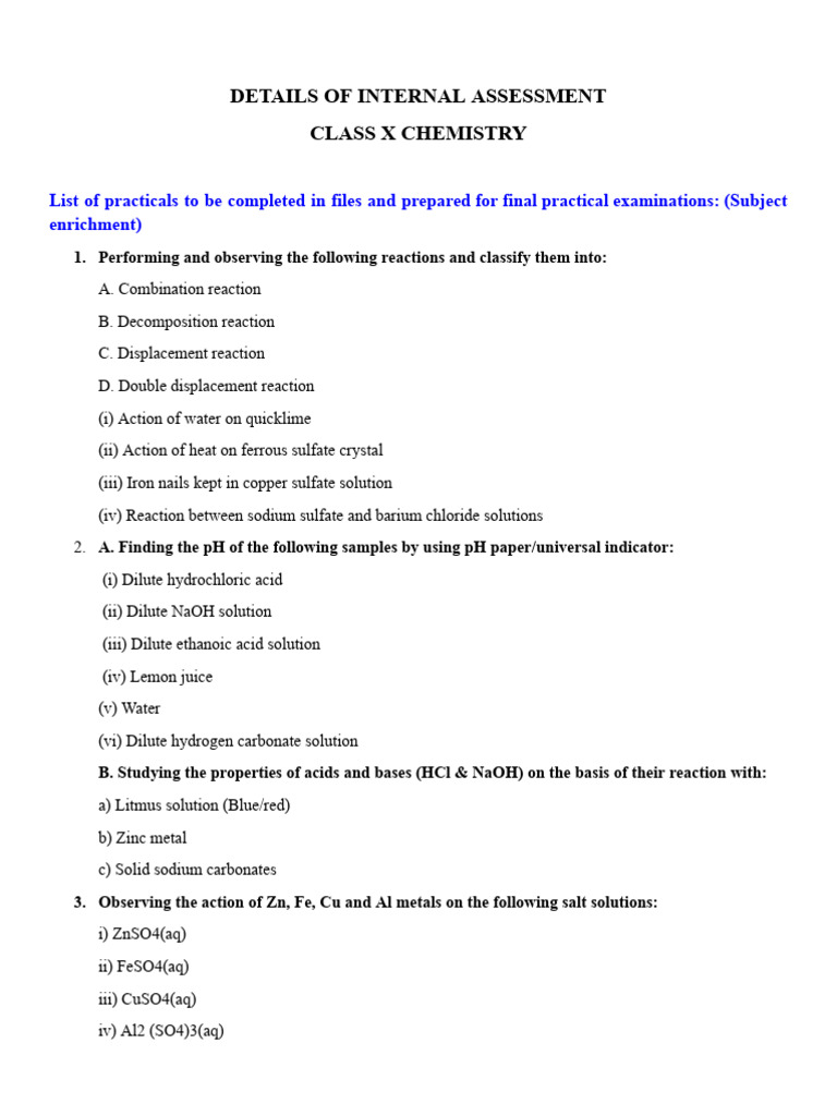 Internal Assessment Guidelines - Class X | PDF | Acid | Sodium Hydroxide