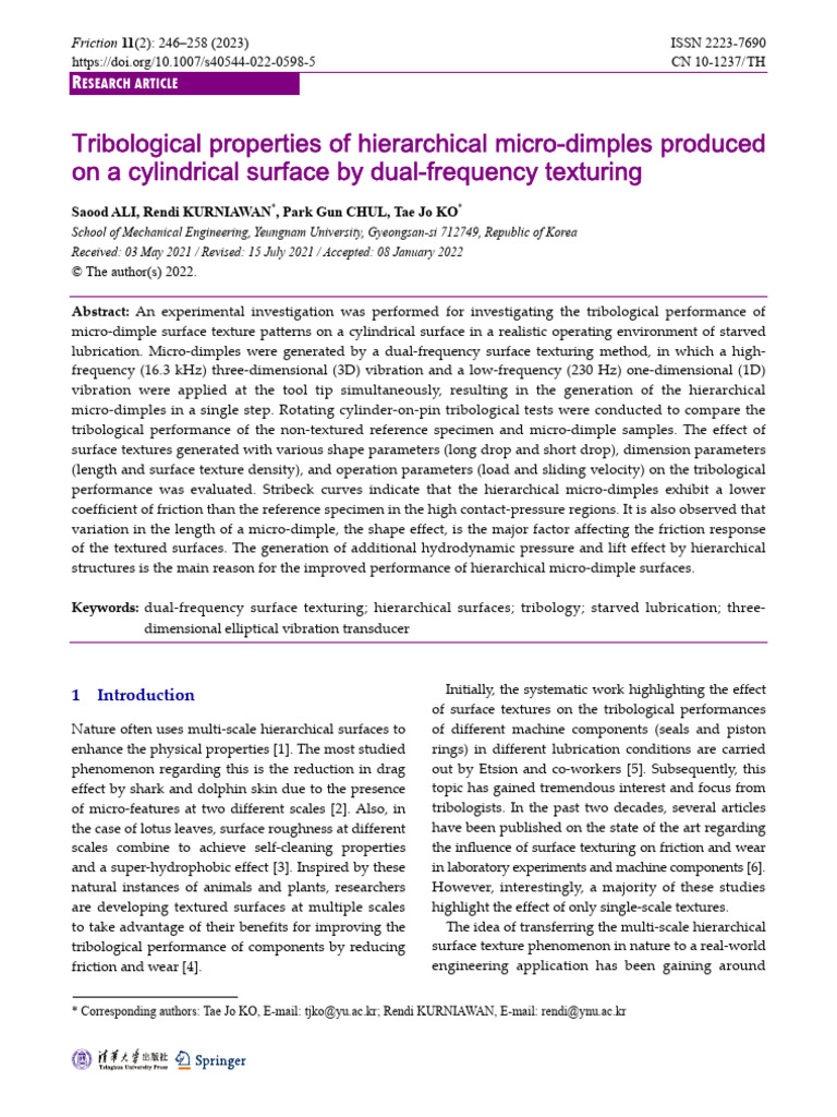 Tribological Properties of Hierarchical Micro-Dimples Produced-1 | PDF ...