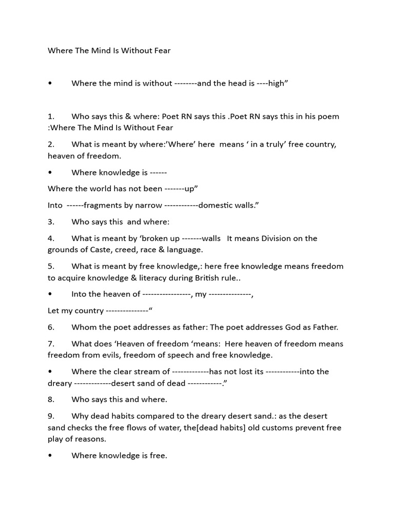 Where The Mind Is Without Fear 1 | PDF | Poetry