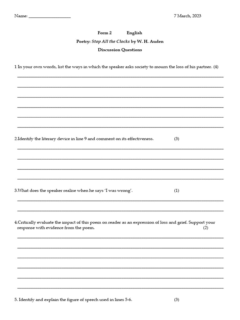 Analyzing Auden's "Stop All the Clocks" | PDF | Poetry | Writing