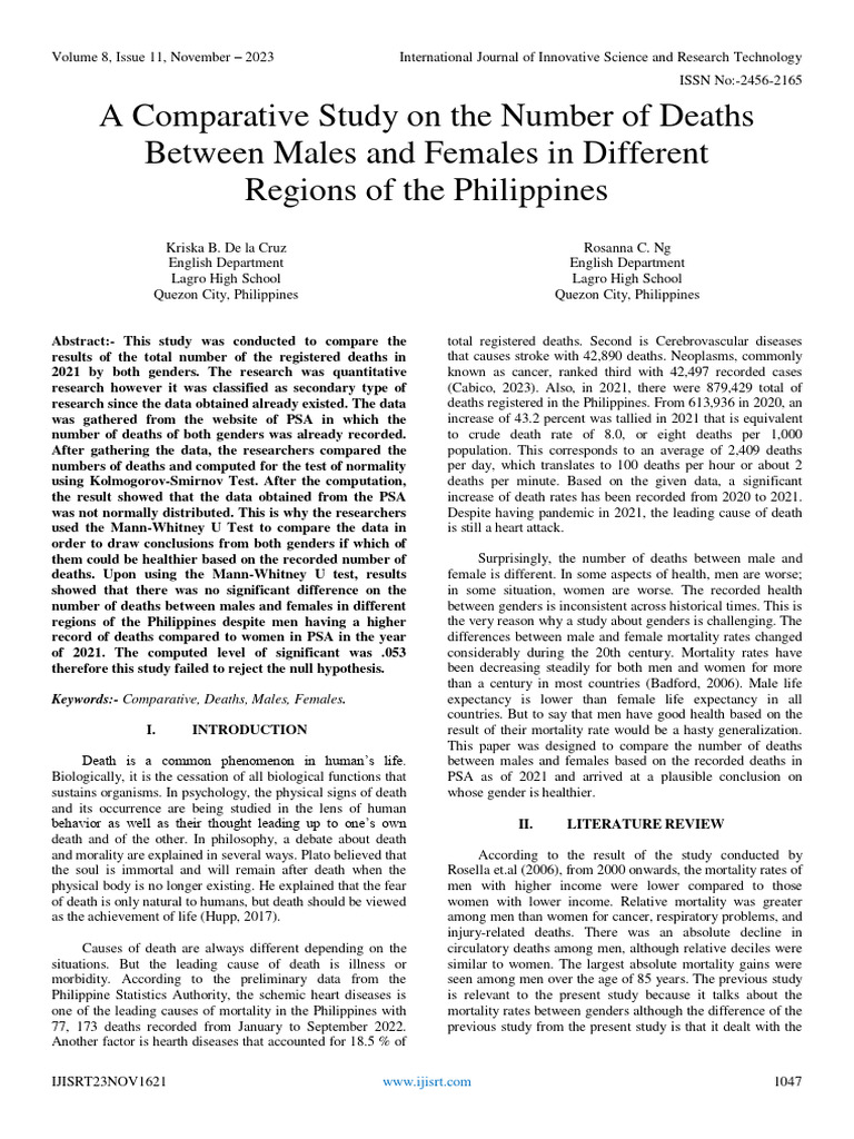 A Comparative Study On The Number of Deaths Between Males and Females in Different Regions of ...