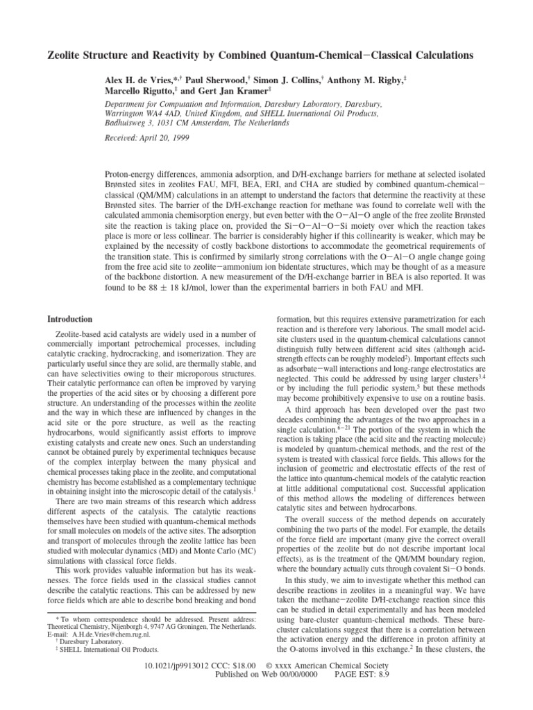 Zeolite Structure and Reactivity by Combined Quantum-Chemical-Classical Calculations-1999 | PDF ...