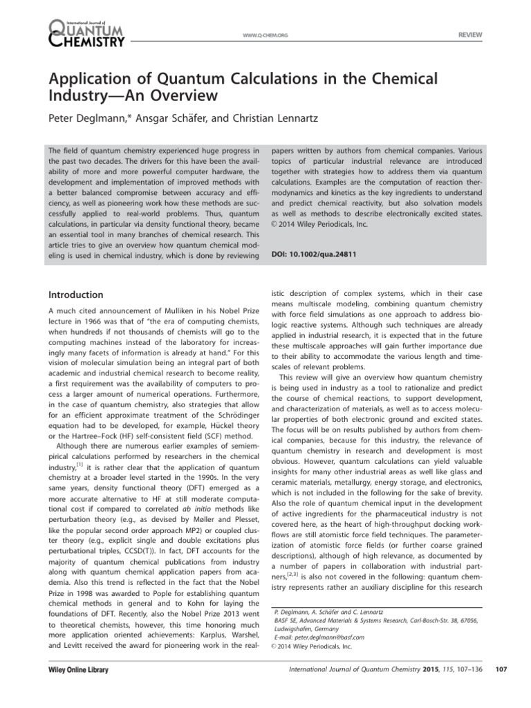 Int J of Quantum Chemistry - 2014 - Deglmann - Application of Quantum Calculations in The ...