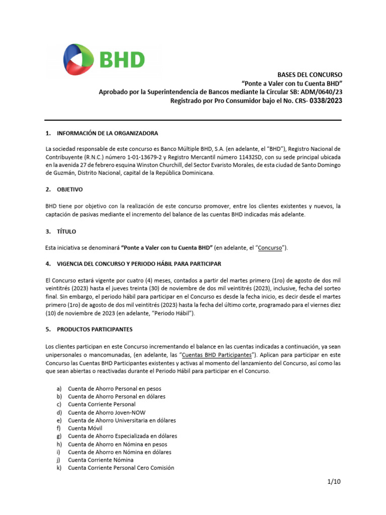 Bases de Concurso Ponte A Valer Con Tu Cuenta BHD Aprobadas Superintendencia de Bancos y Pro ...
