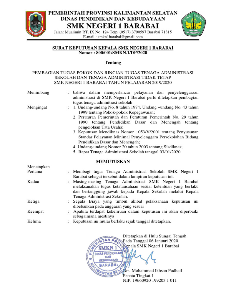 SK Pembagian Tugas Pokok Dan Rincian Tugas Tenaga Administrasi Sekolah Dan Tenaga Administrasi ...