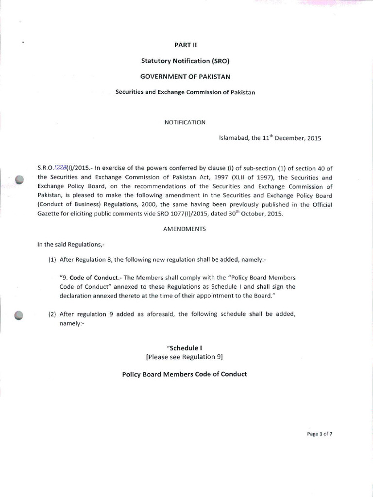 SRO 1223 of 2015 - Code of Conduct | PDF