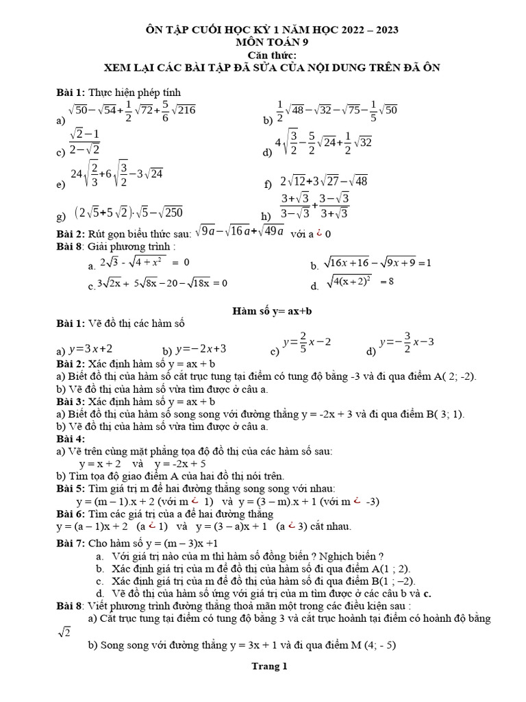 De Cuong On Tap Toan 9 HK1 | PDF