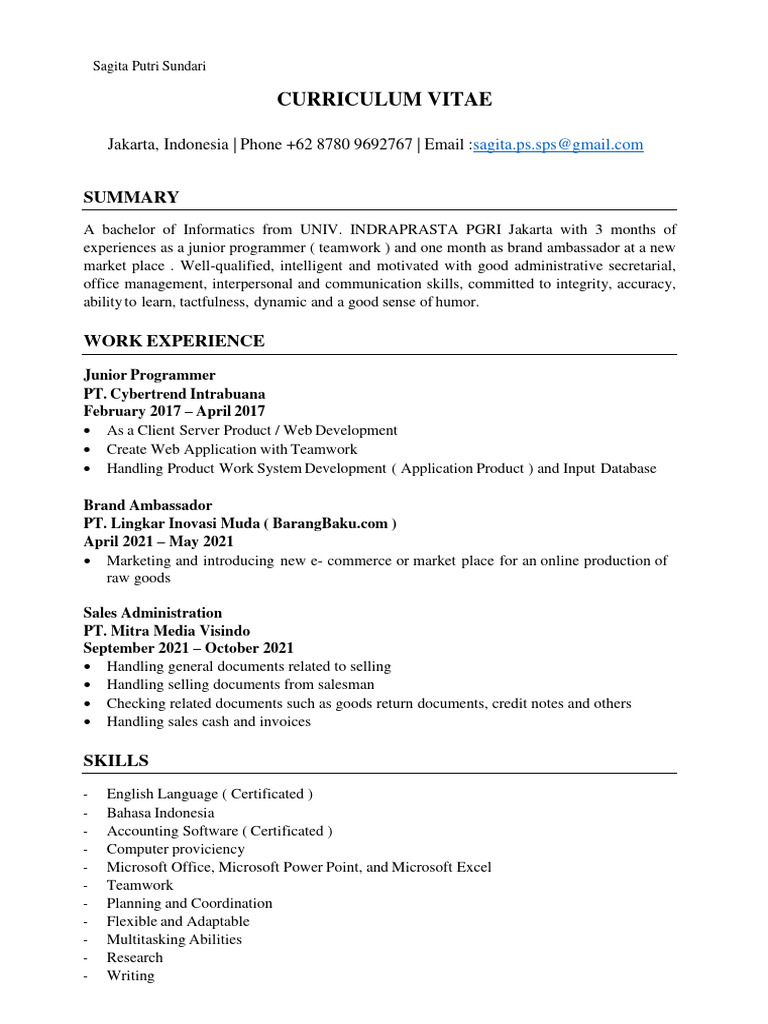 CV Sagita Putri Sundari | PDF | Software Engineering | Computing