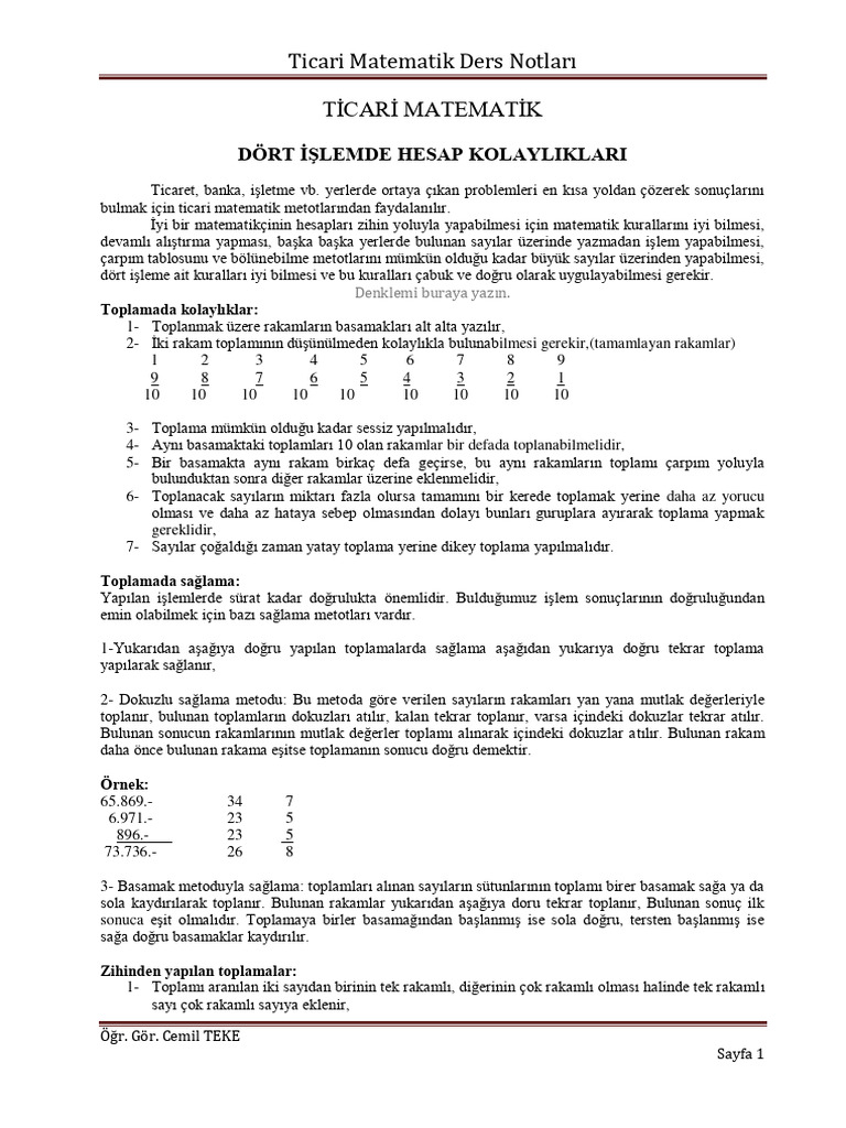 Ders Notu Ticaret Matematiği | PDF