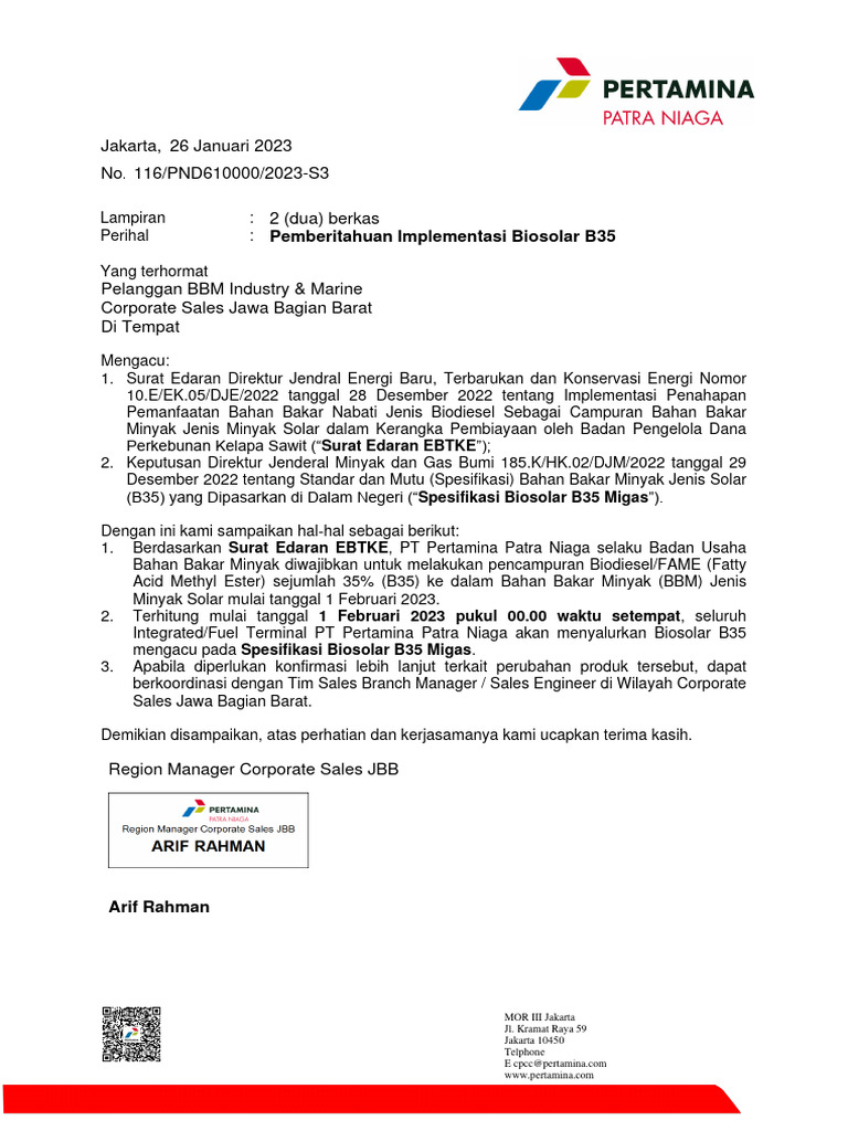 Surat Edaran Pemberitahuan Implementasi Biosolar B35 - PT Pertamina ...