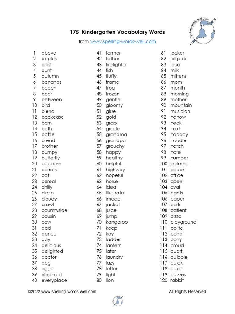 175 Kindergarten Vocabulary Words | PDF