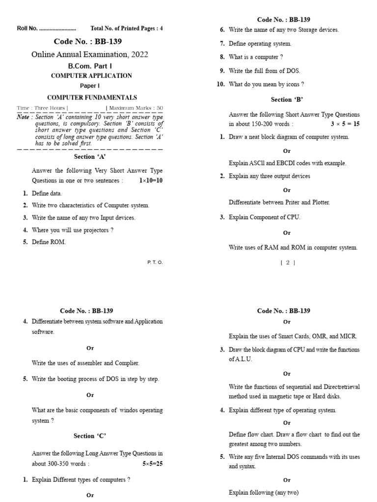 Code No.: BB-139: Online Annual Examination, 2022 | PDF | Operating System | Computer Program
