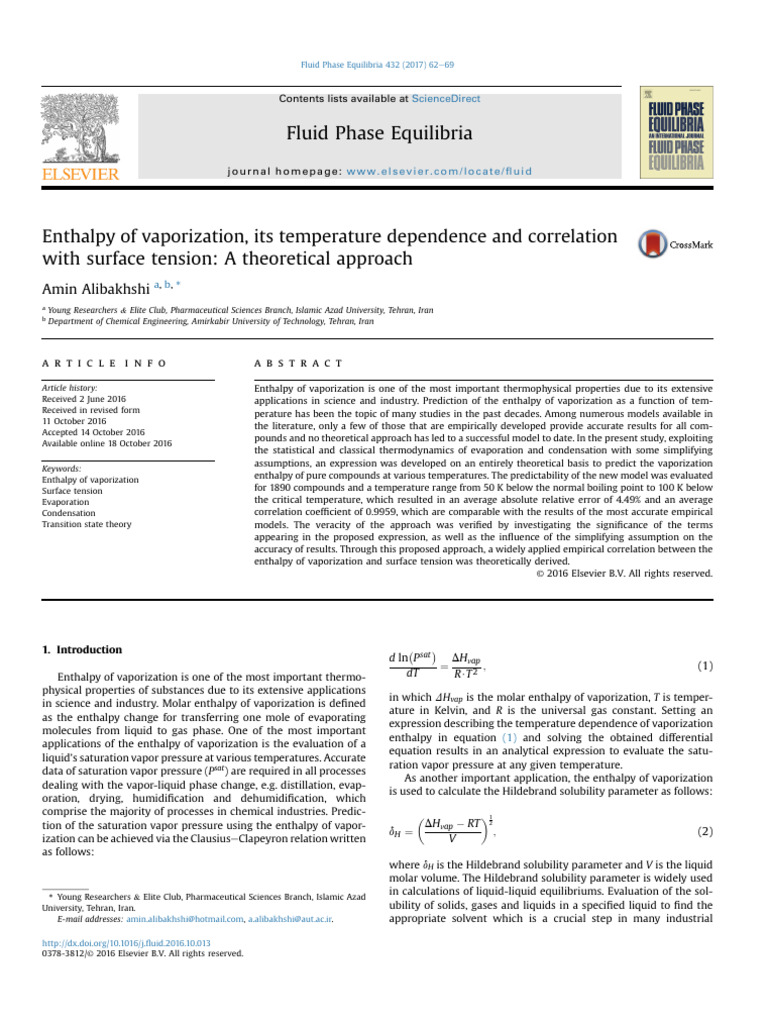 Alibakhshi - 2017 - Enthalpy of Vaporization, Its Temperature Dependence and Correlation With ...