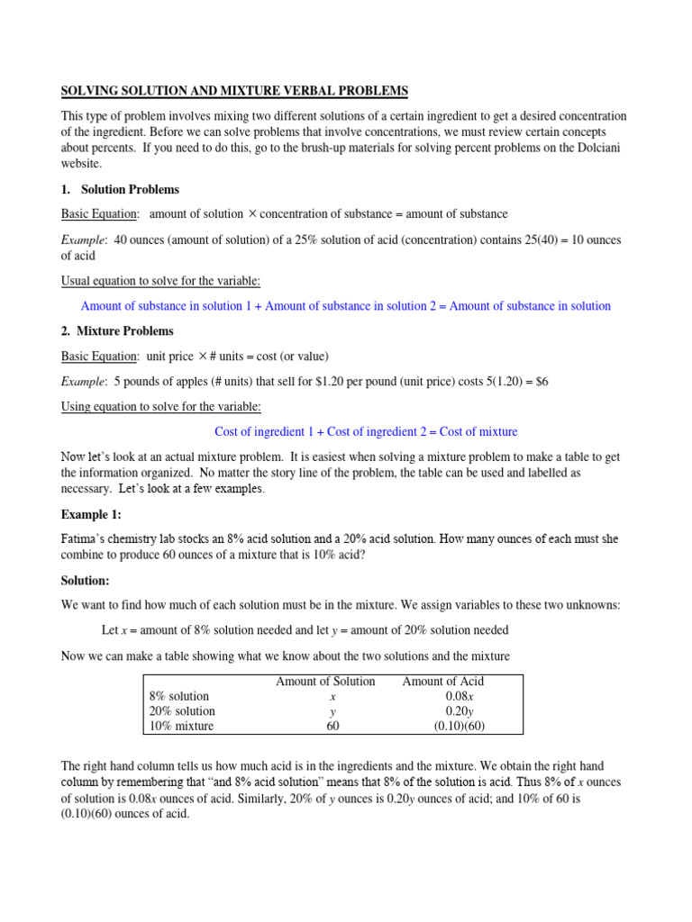 Solving Mixture and Solution Verbal Problems | PDF | Mixture | Equations Solving Mixture and Solution Verbal Problems | PDF | Mixture | Equations