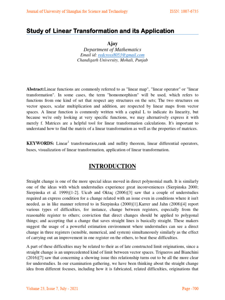 Study of Linear Transformation and Its Application | PDF | Linear Map ...