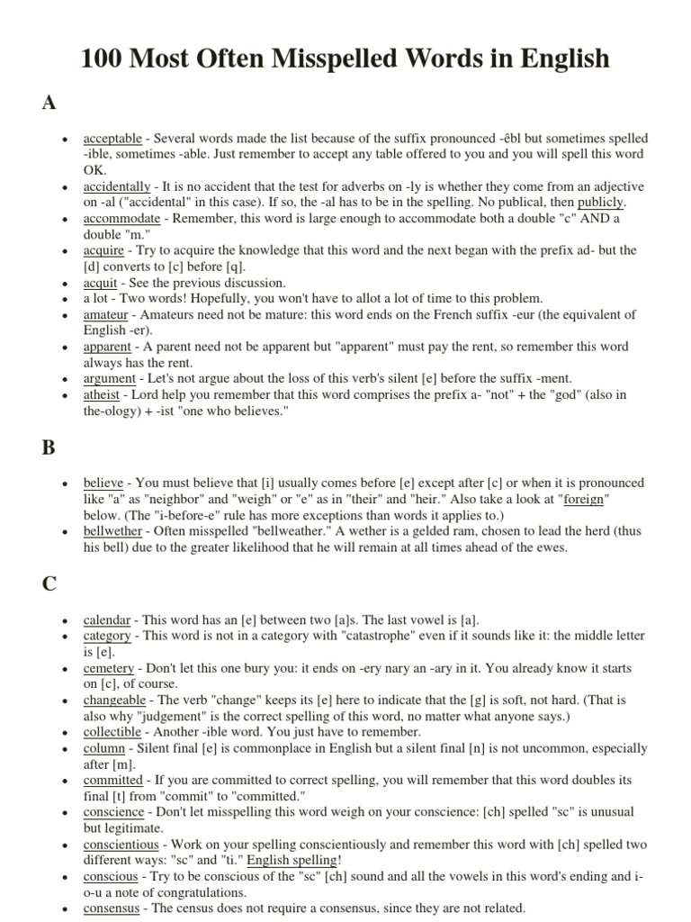100 Most Often Misspelled Words in English | PDF | Dyslexia | Phonics