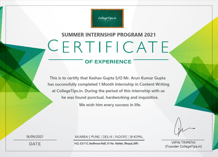 Keshav Gupta - SIP Certificate | PDF