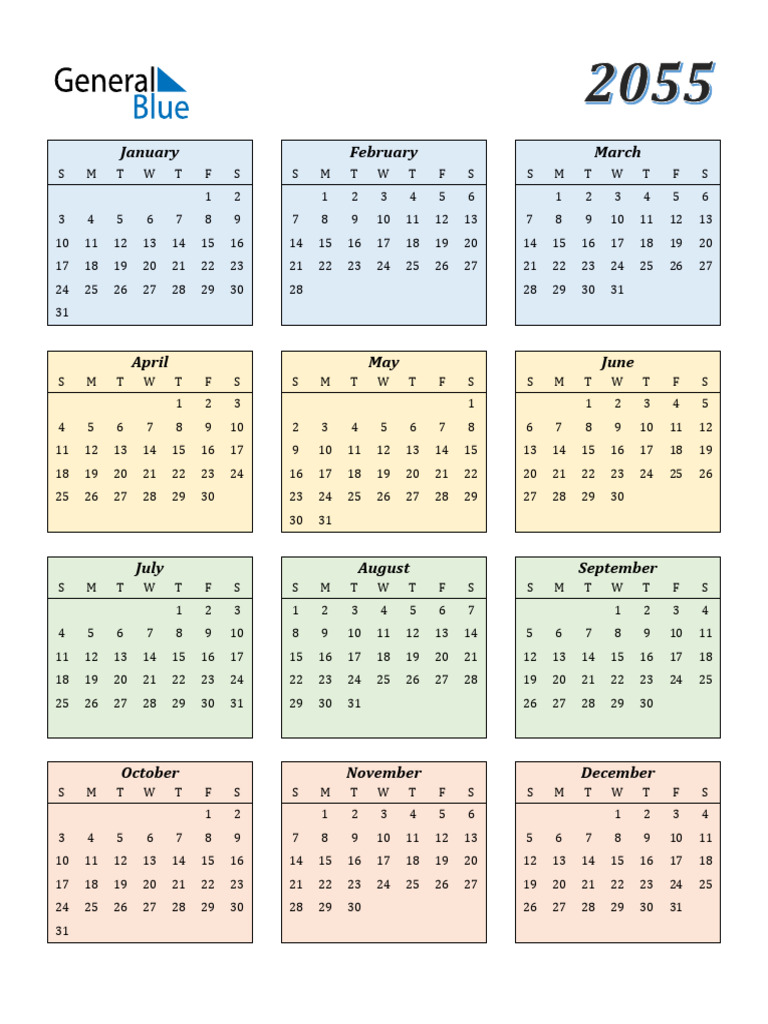 2055 Calendar Streamlined Colored Portrait Sunday Start | PDF