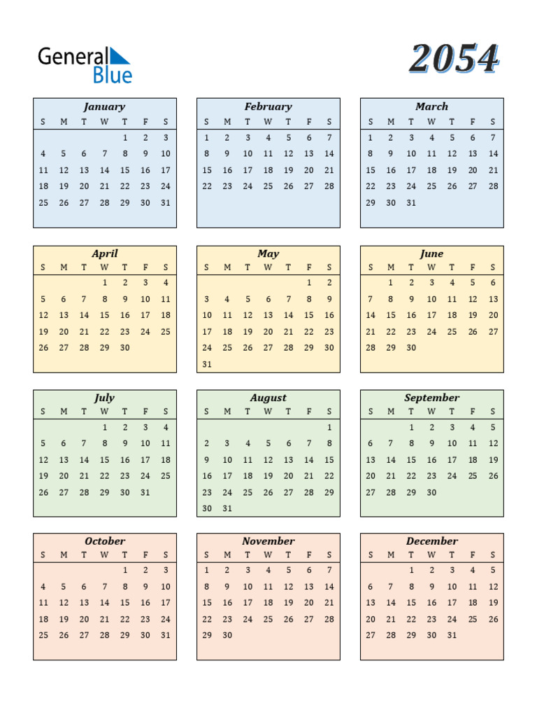 2054 Calendar Streamlined Colored Portrait Sunday Start | PDF