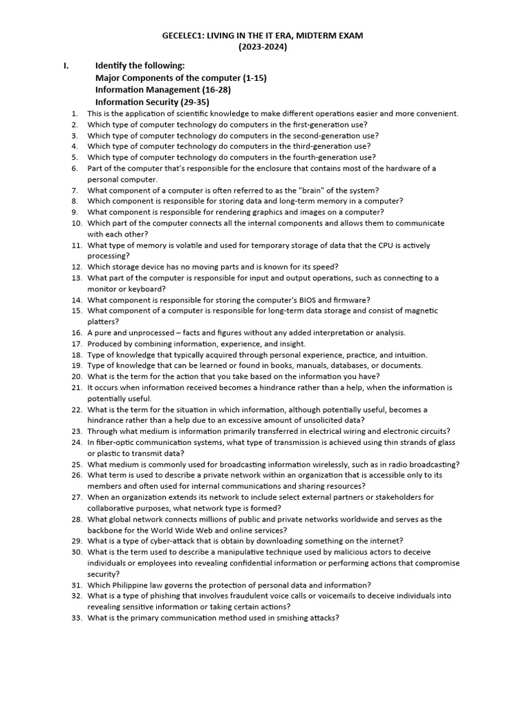 Gecelec 1 Midterm | PDF | Computer Network | Computer Data Storage
