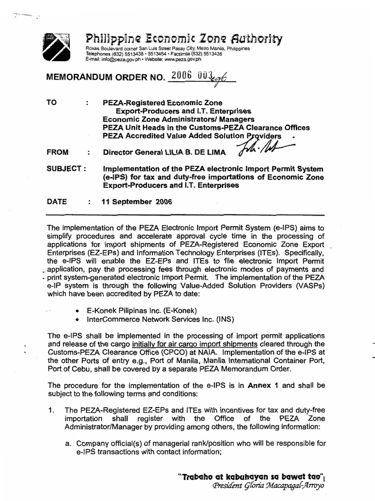 PEZA Mo - 2006-003 eIP Implementation | PDF