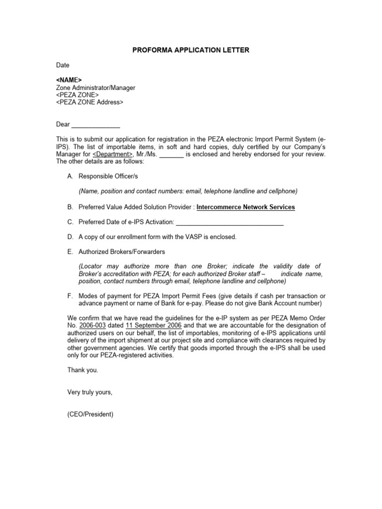 PROFORMA APPLICATION LETTER For PEZA eIP | PDF