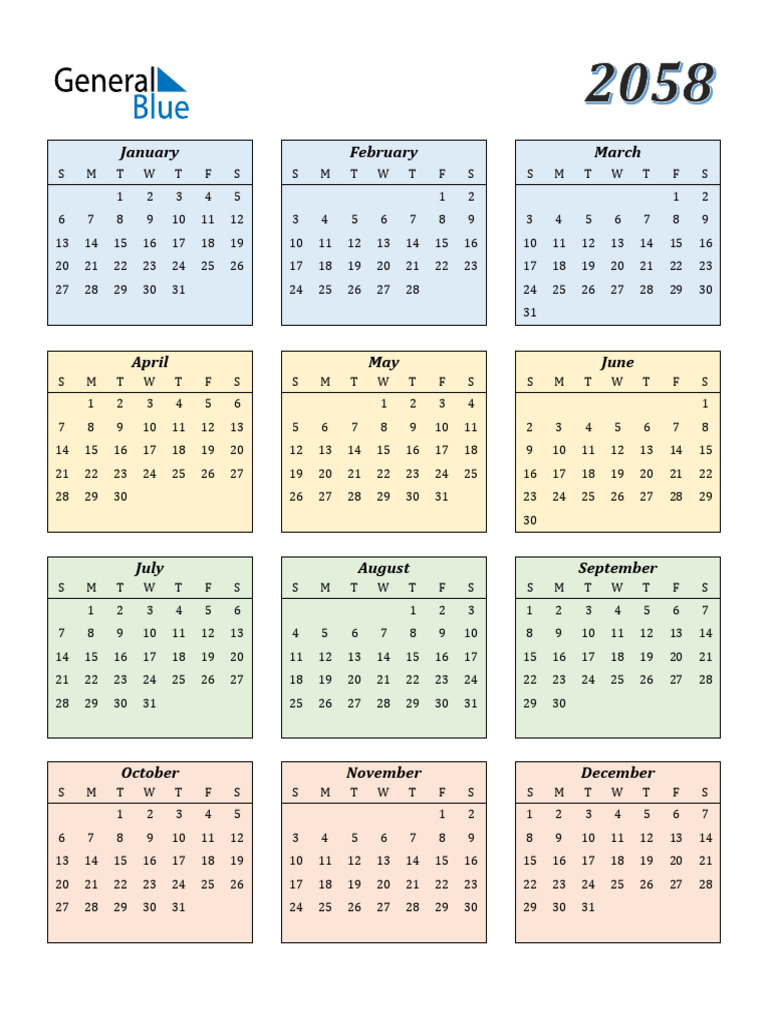2058 Calendar Streamlined Colored Portrait Sunday Start | PDF