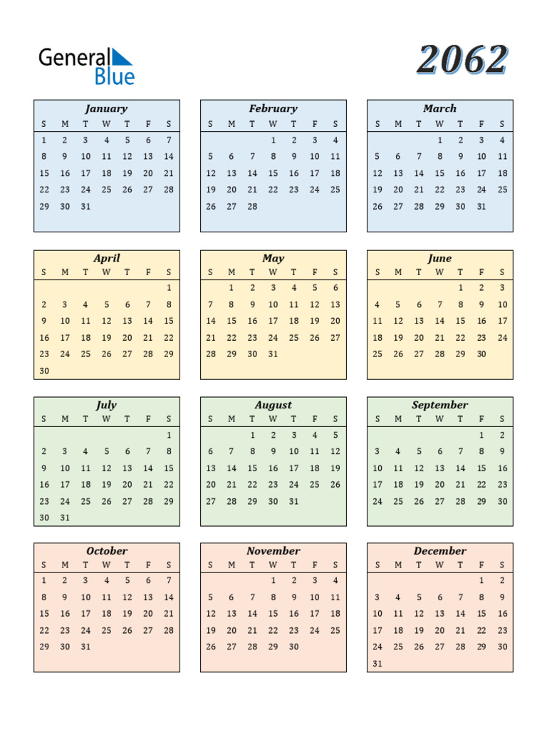 2062 Calendar Streamlined Colored Portrait Sunday Start | PDF