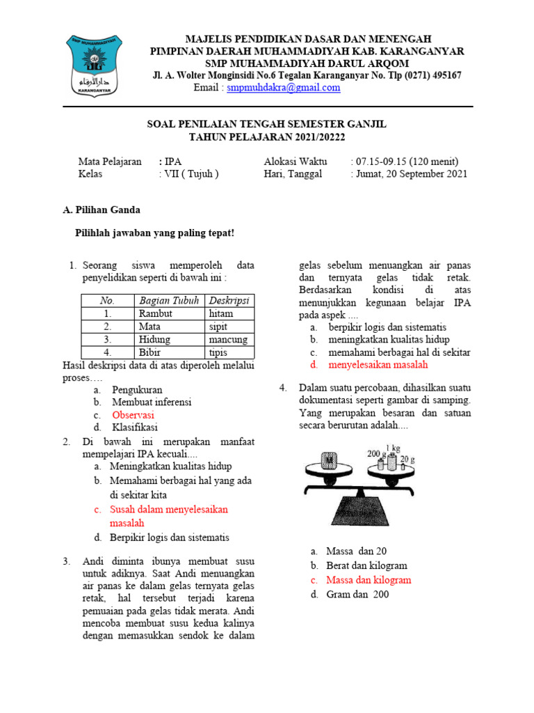 Soal PTS Ganjil Matematika Kelas VII Tahun 2019 (22) Separuh10 | PDF